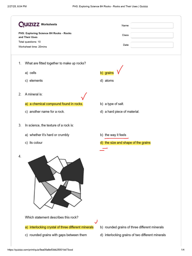 PHS - Exploring Science 8H Rocks - Rocks and Their Uses - Quizizz | PDF ...