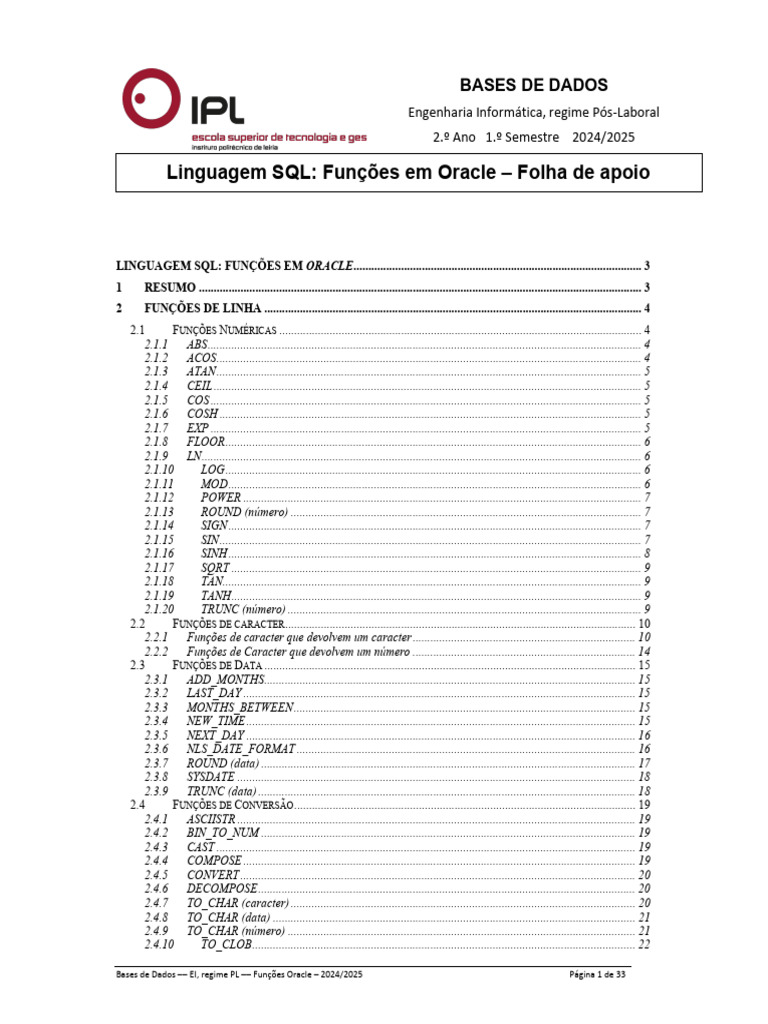Funções SQL em Oracle para 2024/2025 | PDF | Logaritmo | Exponenciação