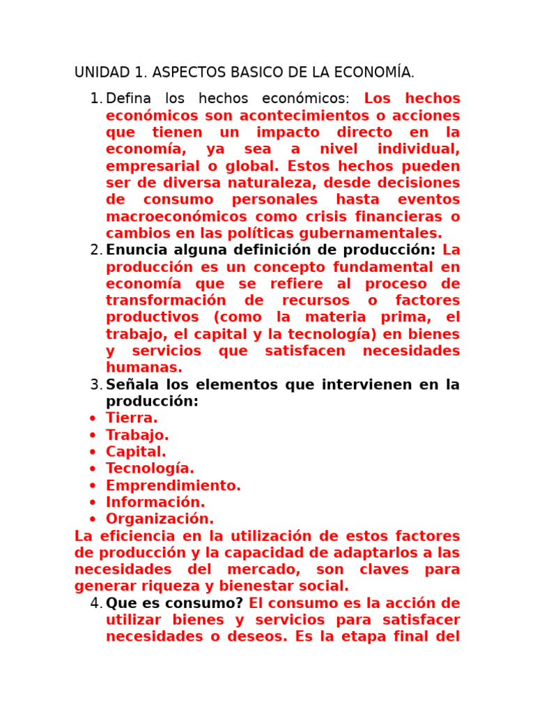 Unidad 1. Aspectos Basico de La Economía | PDF | Ciencias económicas | Concepto