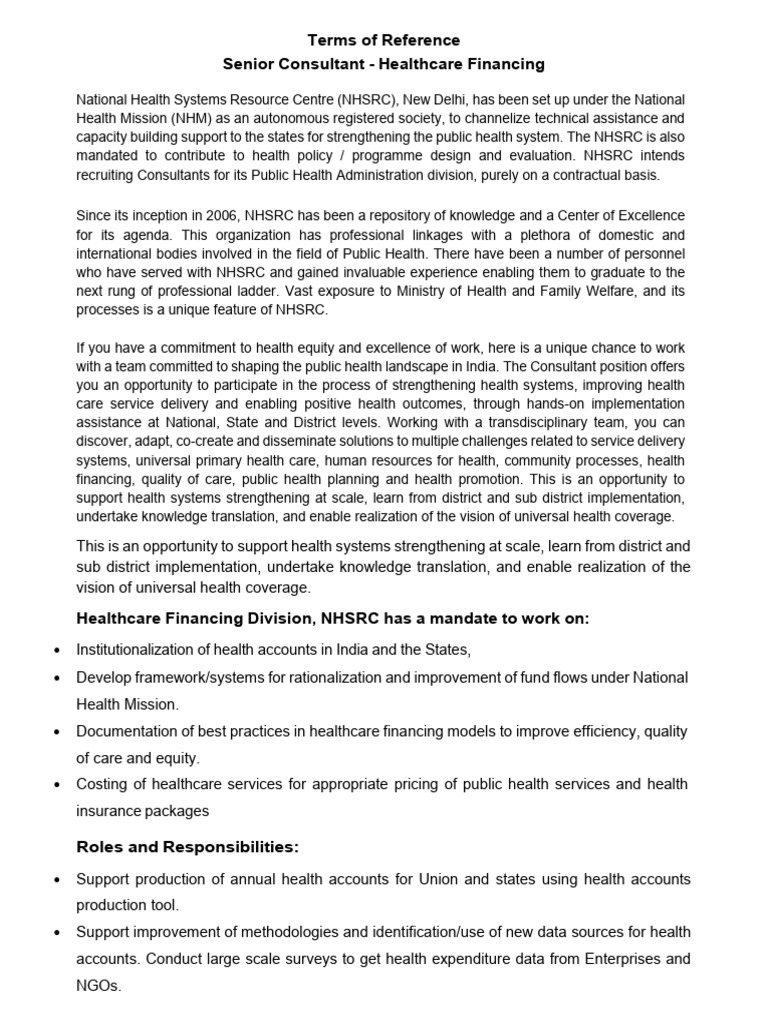 Terms of Reference-Senior Consultant-Healthcare Financing | PDF ...