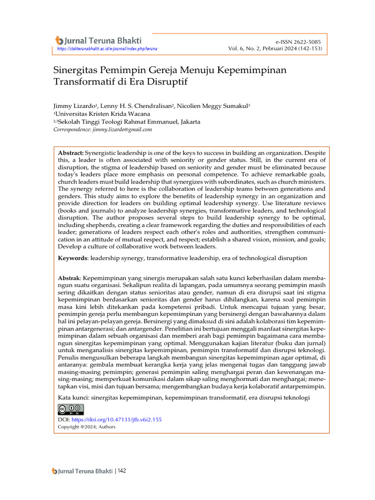 Sinergitas pemimpin gereja menuju kepemimpinan transformatif di era disruptif | PDF