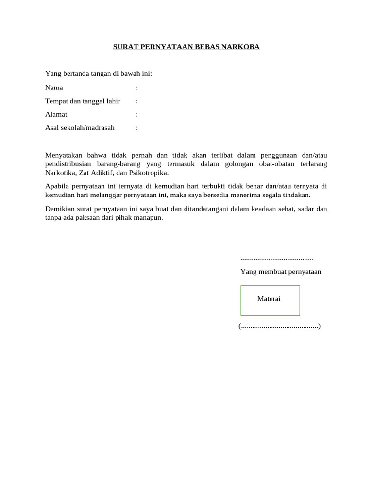 SURAT-PERNYATAAN-BEBAS-NARKOBA-1 | PDF