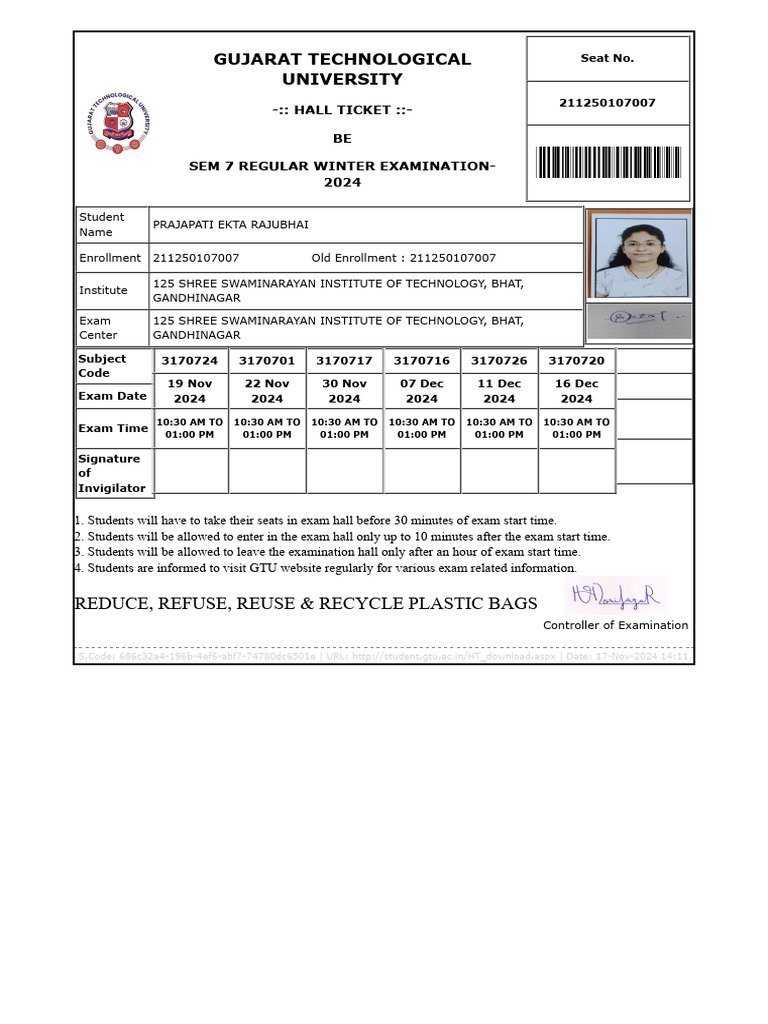 GTU Winter Exam Hall Ticket 2024 | PDF
