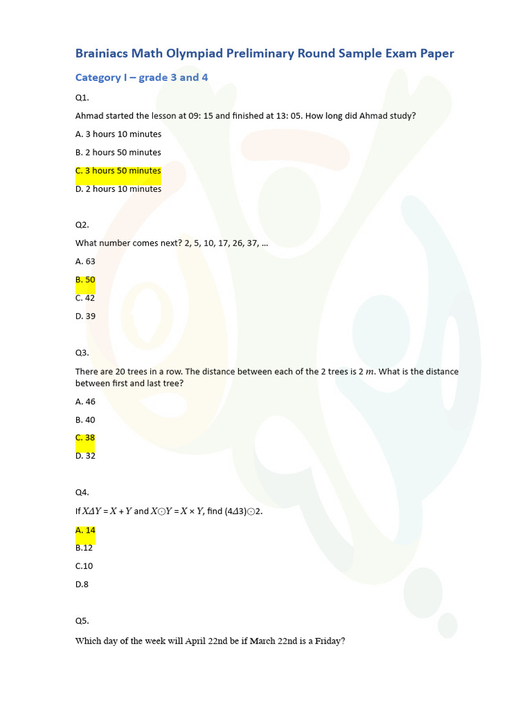 Math Preliminary Round Sample Paper Category I (3-4) | PDF | Length | Quantity