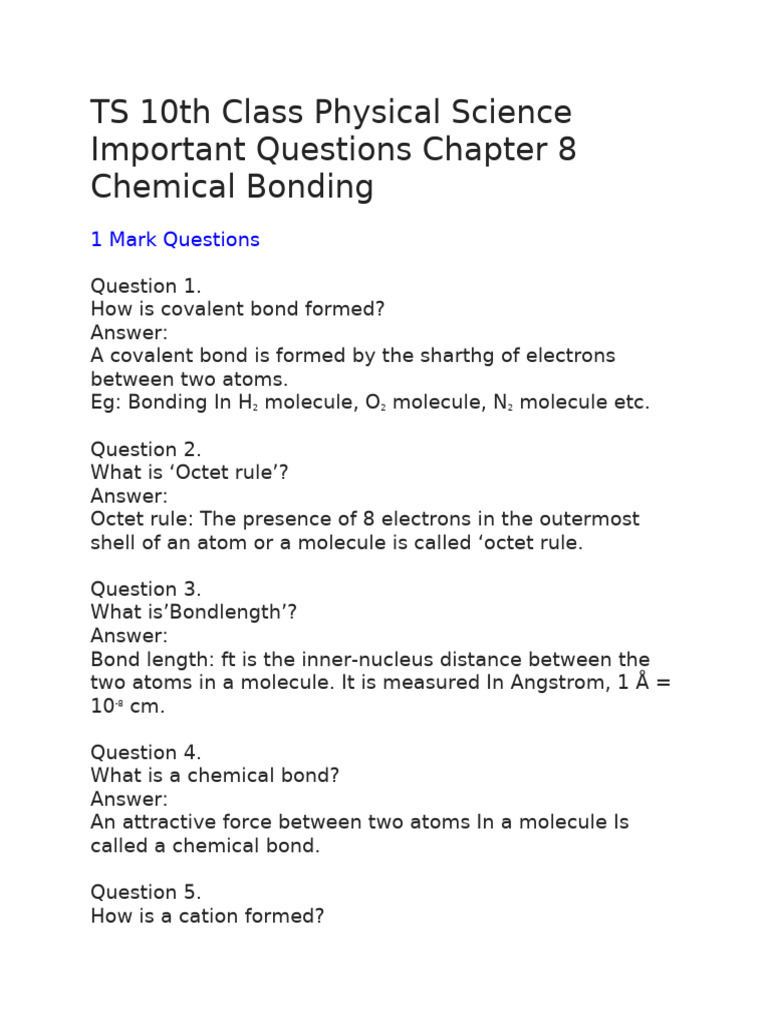 TS 10th Class Physical Science Important Questions Chapter 8 Chemical ...