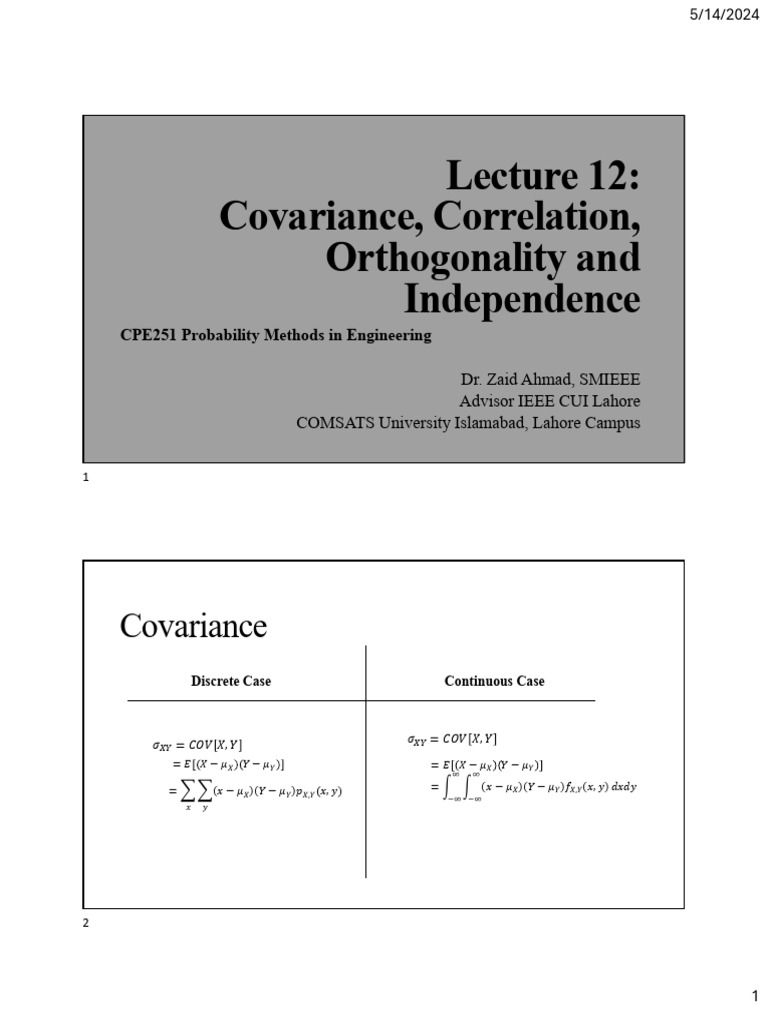 Covariance, Correlation, Orthogonality and Independence | PDF | Covariance | Measure Theory