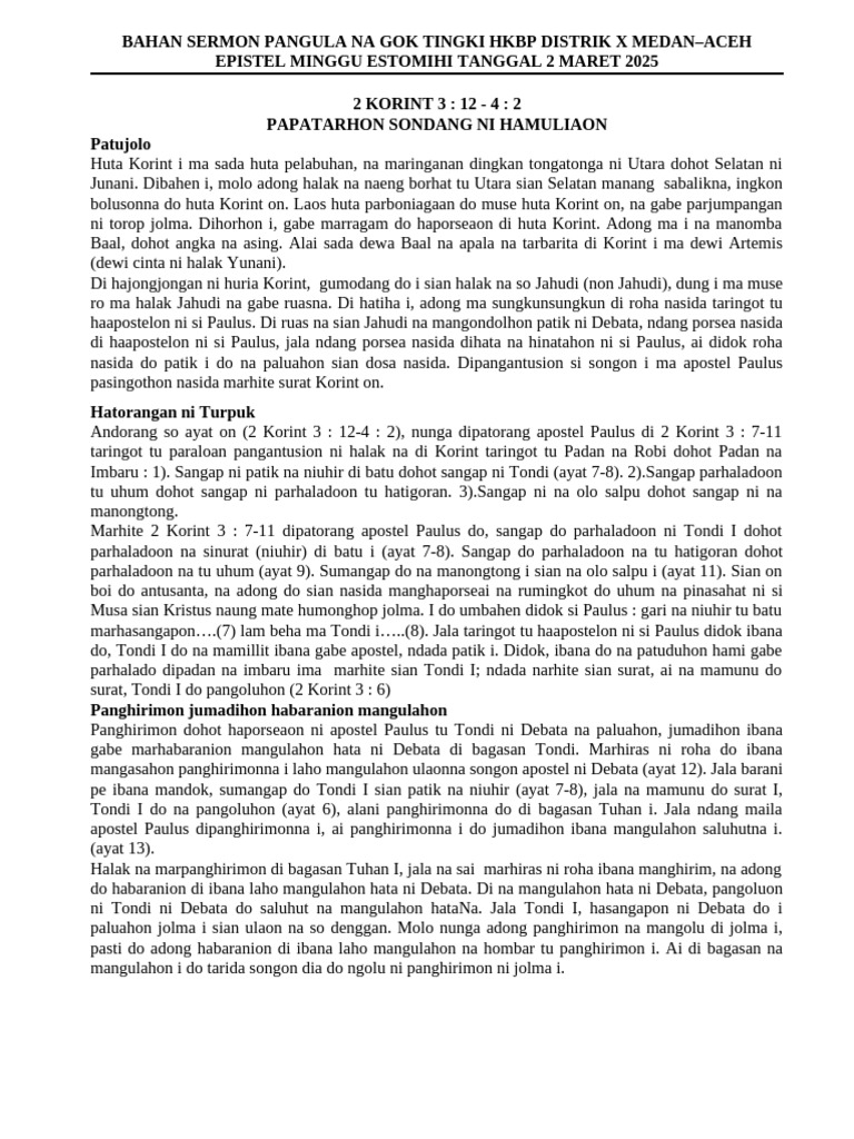 Bahan Sermon Pangula Na Gok Tingki HKBP Distrik X Medan | PDF