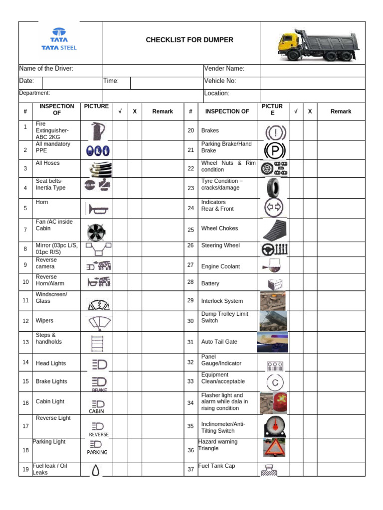 Pictorial Checklist For Dumper | PDF | Truck | Automotive Industry
