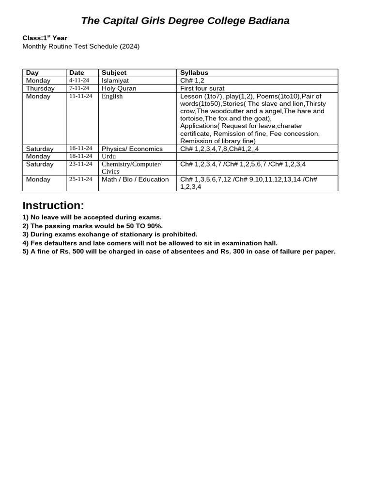 1st Year Test Schedule 2024 | PDF