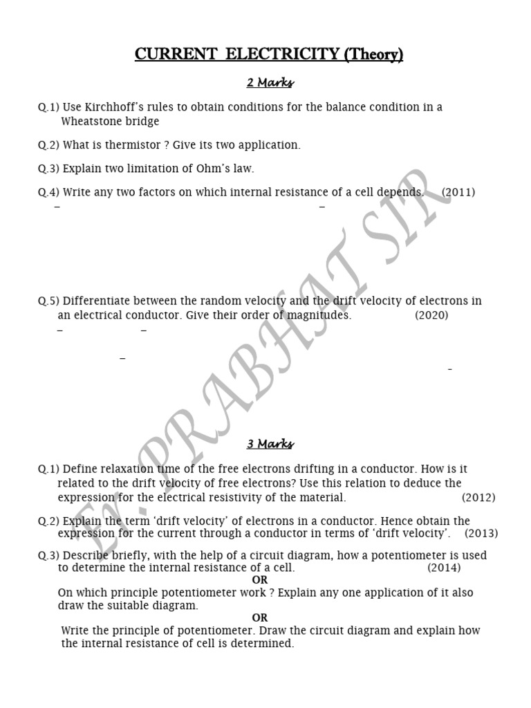 Electricity Theory: Key Concepts & Questions | PDF | Electrical ...