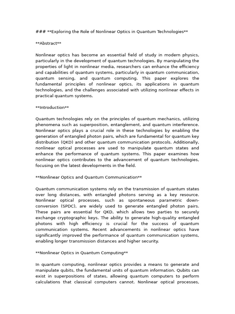 Exploring The Role of Nonlinear Optics in Quantum Technologies | PDF | Quantum Computing | Optics