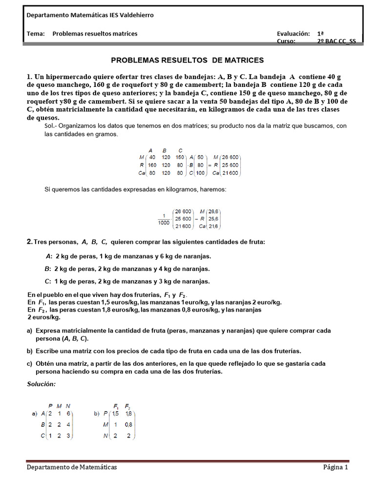 Problemas Resueltos Matrices 2 Bach S Tema 1 Matrices | PDF | Matriz (Matemáticas) | Alimentos