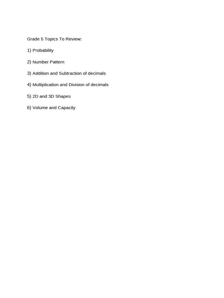 Grade 5 Final Exam Review Topics | PDF | Volume | Elementary Mathematics