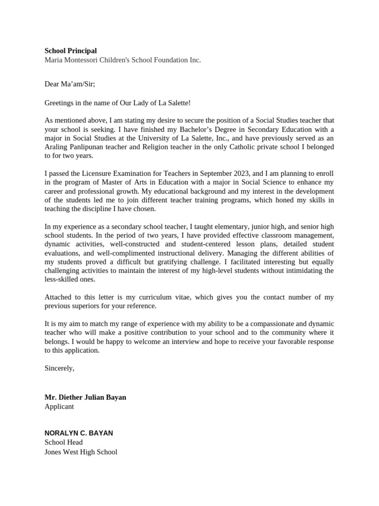 Application Letter-1 | PDF | Teachers | Schools
