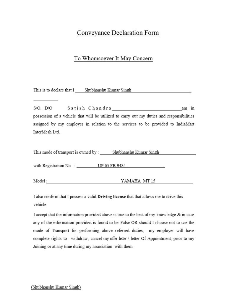 Bike Conveyance Declaration Form | PDF