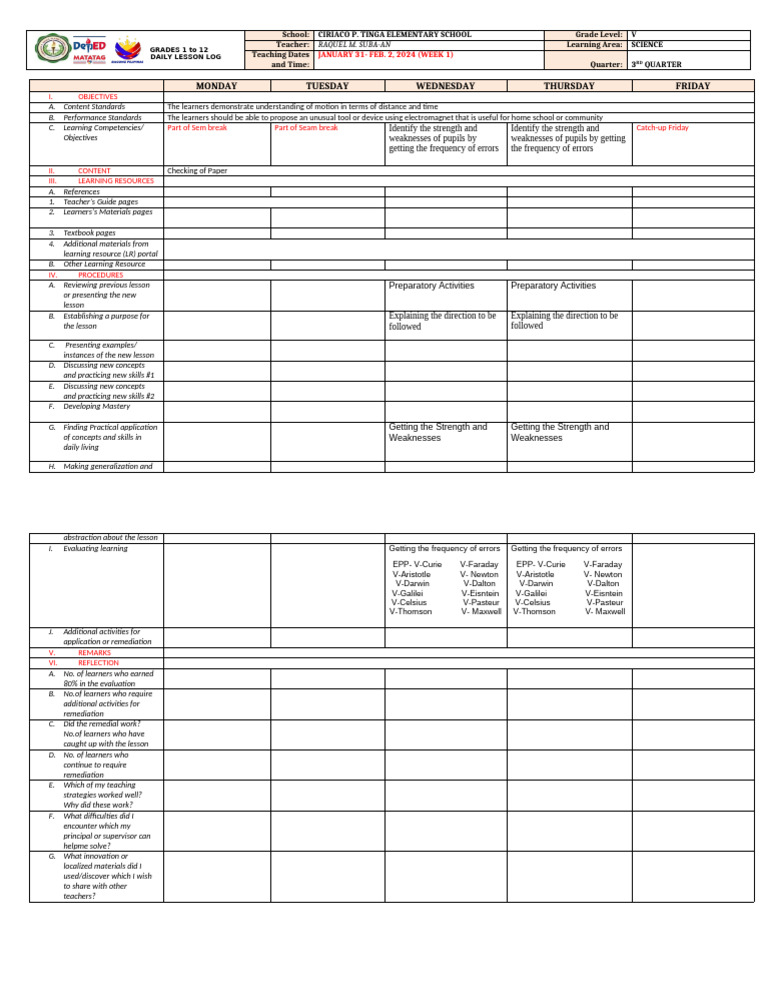 Final - DLL - SCIENCE 5 - Q3 - W1 - January 31-Feb.2,2024 | PDF | Teachers | Learning