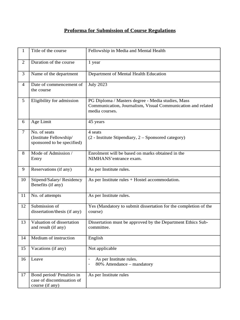 Proforma For Submission of Course Regulations | PDF | Mental Health ...