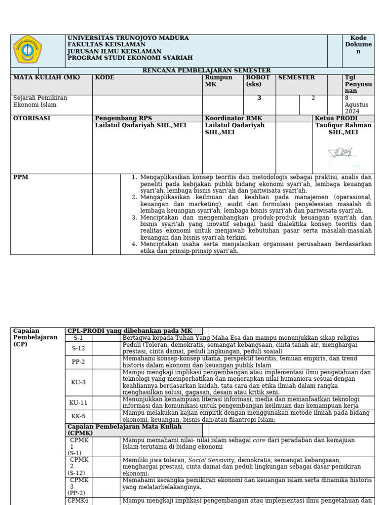 OBE-RPS - Sejarah Pemikiran Ekonomi Islam 2024 | PDF