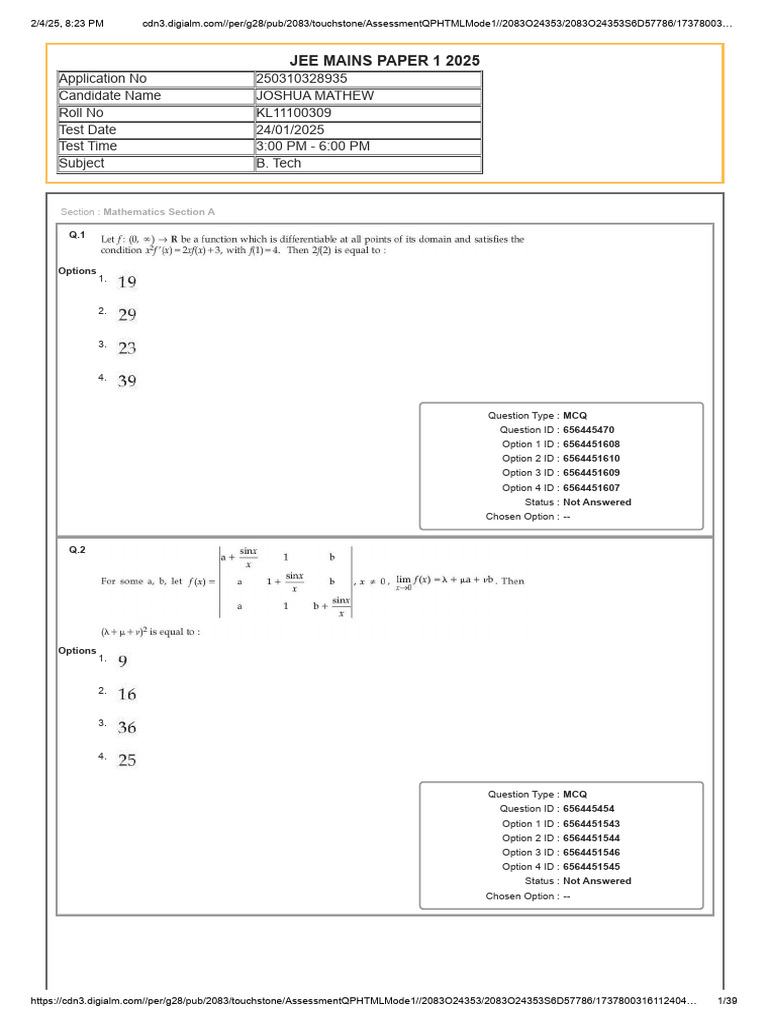 jee 2025 section 1 24th shift 2 answerkey | PDF | Multiple Choice | Evaluation Methods