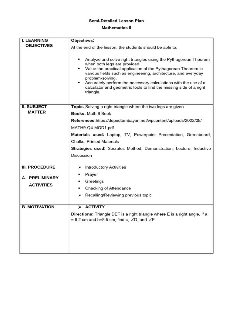 Right Triangle Lesson Plan for Math 9 | PDF | Geometry | Elementary ...