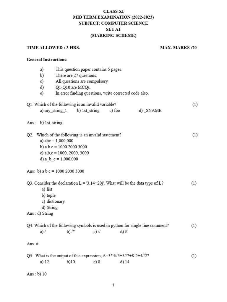 Computer ScienceA1 MID TERM 2022 23 MS | PDF | Computer Data Storage | Random Access Memory