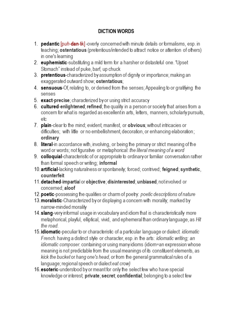 Comprehensive Diction Words List | PDF | Idiom | Emotions