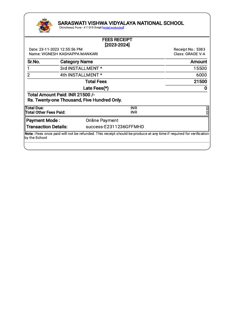 VIGNESH-MANKARI06 Fees Receipt No 2700 | PDF