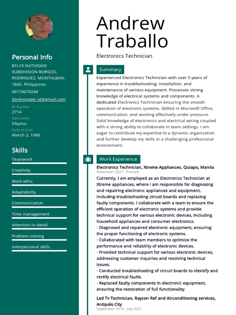 CV - Andrew Traballo | PDF | Electronics | Technical Support