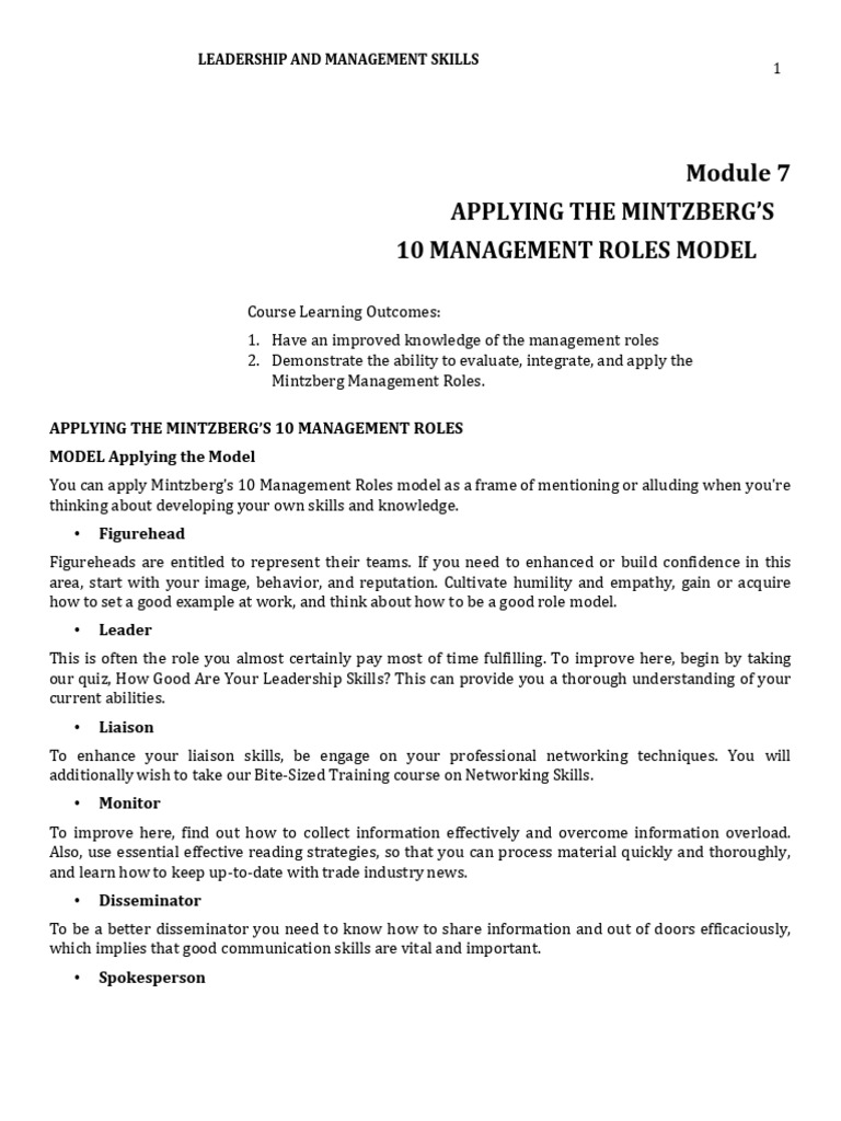 Applying Mintzberg's Management Roles | PDF | Science | Knowledge