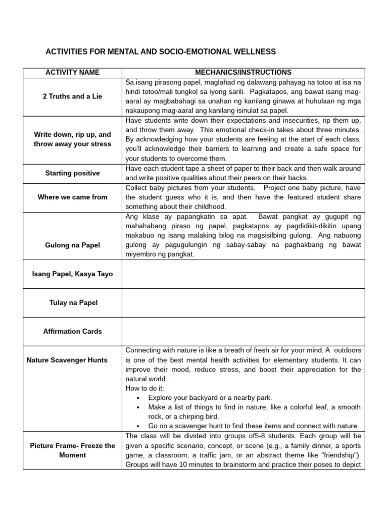 Activities For Mental and Socio | PDF | Psychology | Behavioural Sciences