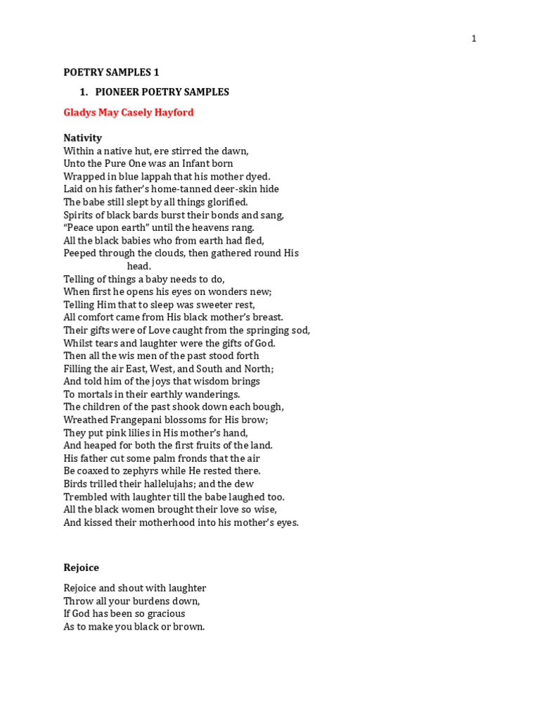 Poetry Samples 1 (Pioneer, Negritude and Modernist) | PDF