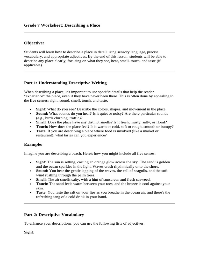 Grade 7 INFO AND WORKSHEET ON DESCRIBING PLACE | PDF | Taste | Senses