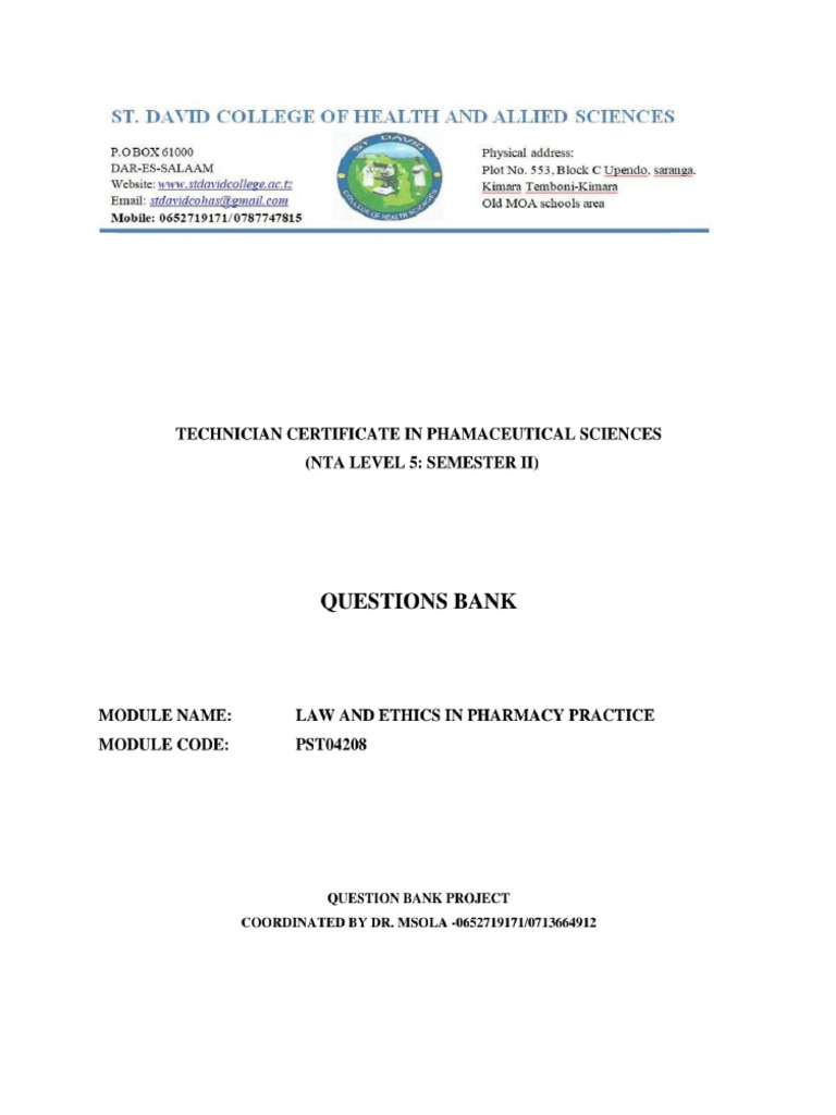 BANK CAT 3&4 PST04208 LAW AND ETHICS IN PHARMACY PRACTICE - QN | PDF