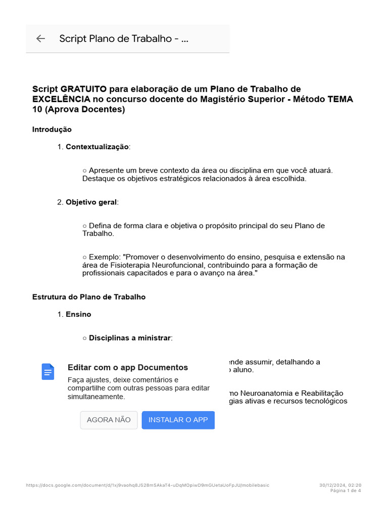 Plano de Trabalho para Concurso Docente | PDF