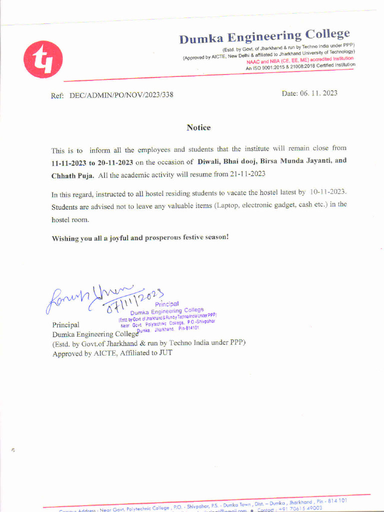 338 - Notice For Diwali and Chhat Puja Holiday | PDF