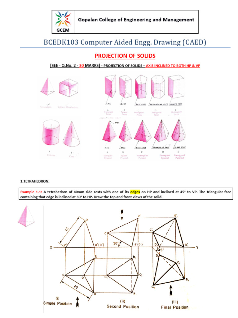 CAED - Projection of Solids - Problems | PDF | Tetrahedron | Geometric Shapes