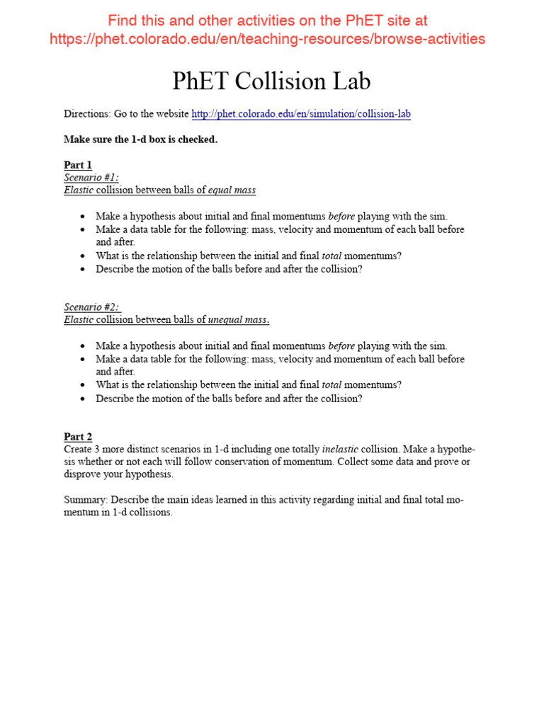 PhET Collision Lab: Momentum Experiments | PDF