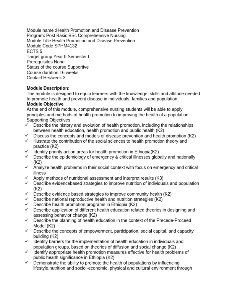 Health Promotion and Disease Prevention COURSE SYLLABUS Post Basic ...