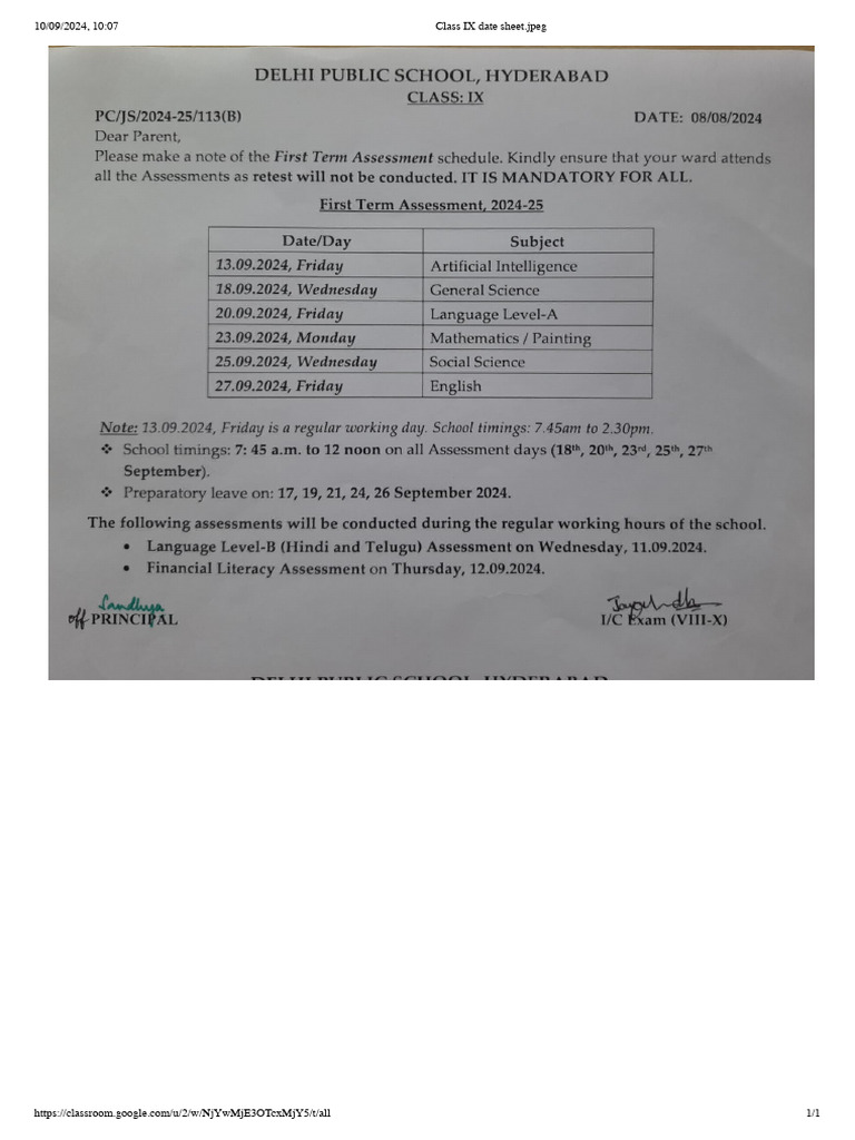 Class IX Date Sheet - Jpeg | PDF