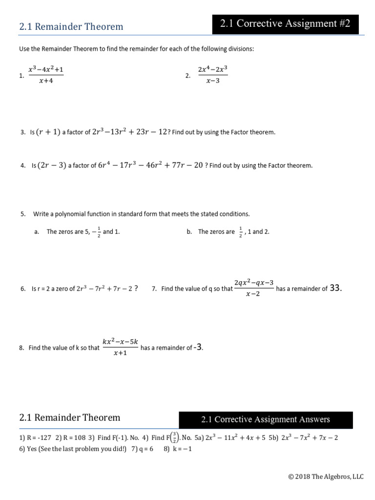 2.1 Remainder Theorem Ca2 | PDF