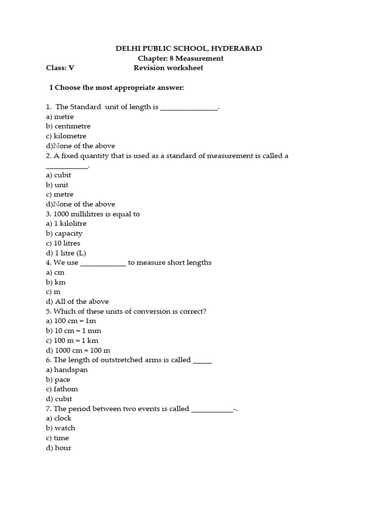 Class - 5revision Ws2025Chapter8 Measurement | PDF