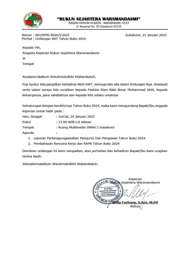 Undangan RAT Koperasi 2024 | PDF