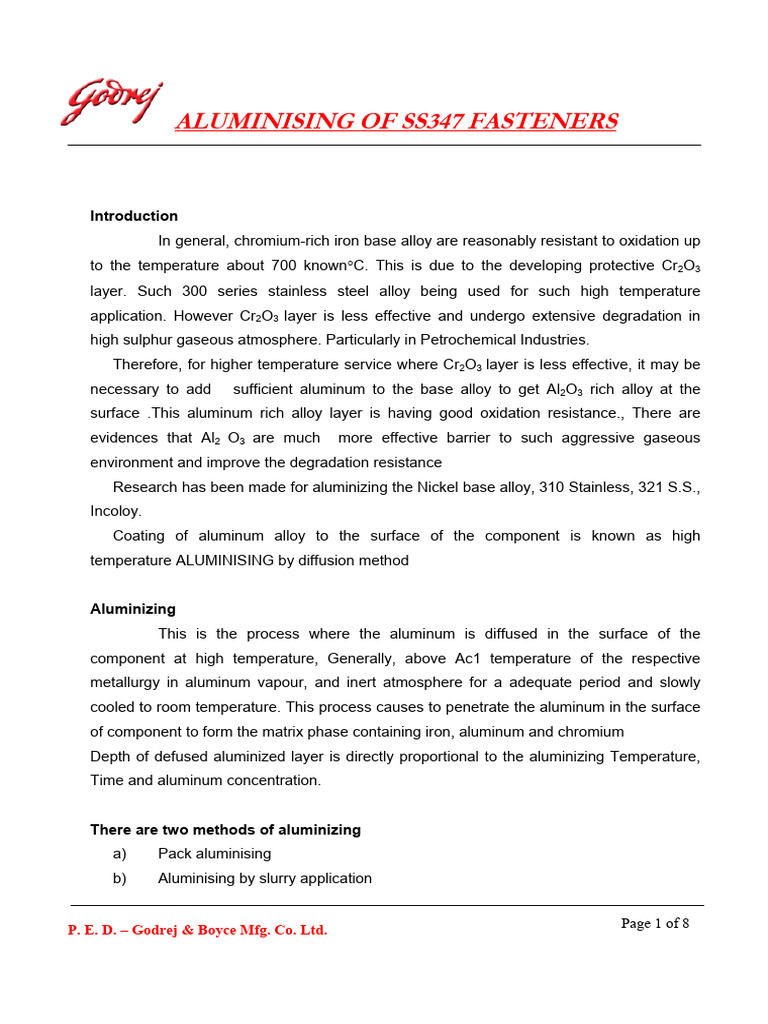 Aluminising of Ss347 Fasteners | PDF | Aluminium | Aluminium Oxide