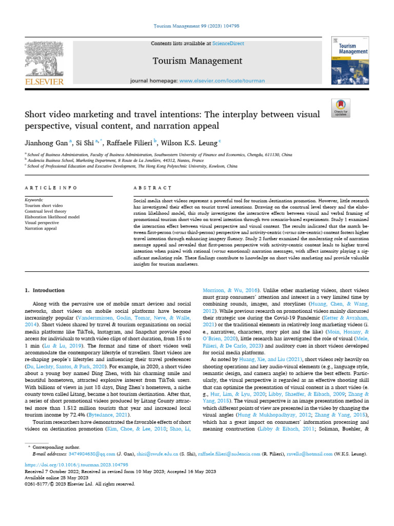 Short video marketing and travel intentions The interplay between ...