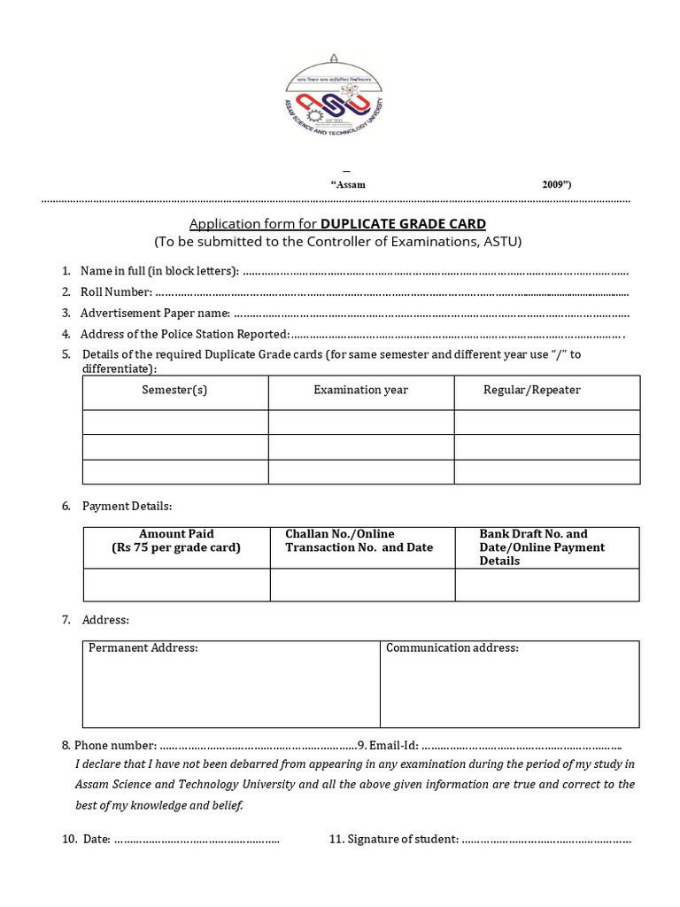 Form For Duplicate Grade Card | PDF | Payments