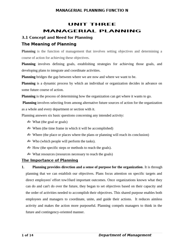 Unit 3 Managerial Planning | PDF | Planning | Goal