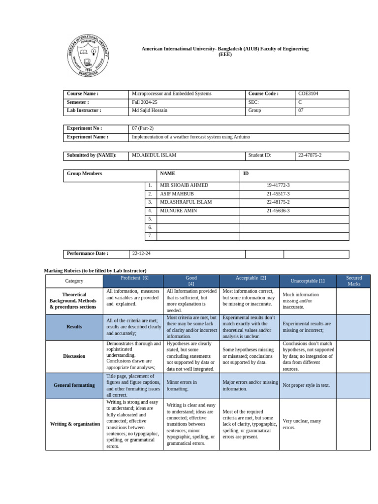 Microprocessor Lab Report 7 (B) 1 | PDF | Weather | Arduino