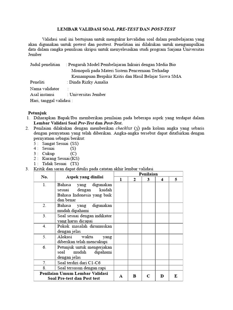 Validasi Soal Pre-Test dan Post-Test | PDF