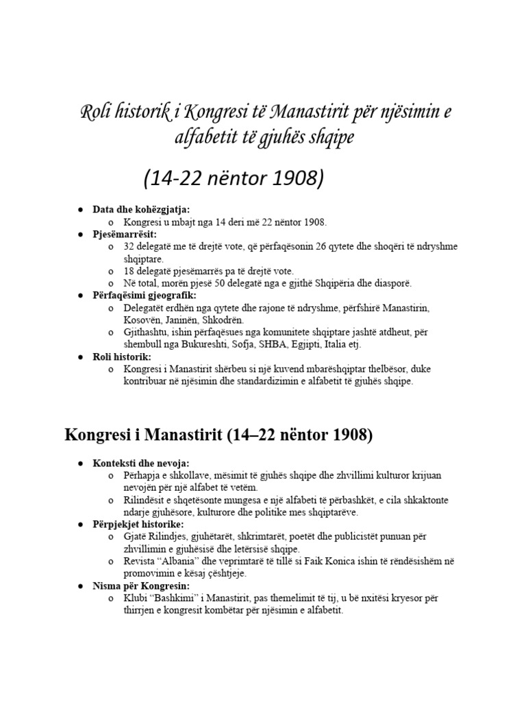 Roli Historik I Kongresi T - Manastirit P-R Nj-Simin e Alfabetit T - Gjuh-S Shqipe | PDF