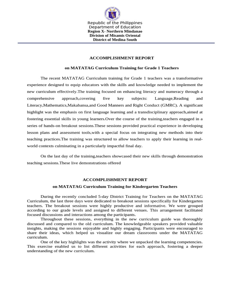 Accomplishment Report - District MATATAG Training KINDERGARTEN | PDF ...